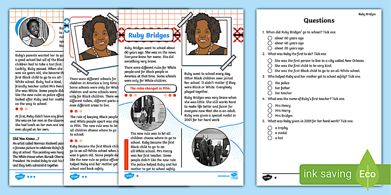 KS1 Ruby Bridges Differentiated Reading Comprehension Activity