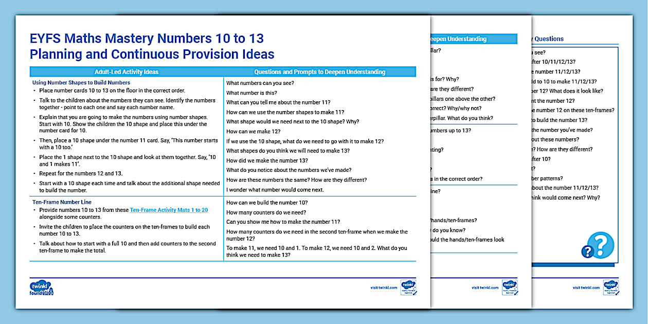 EYFS Maths Numbers 10 to 13 Planning and Activity Ideas