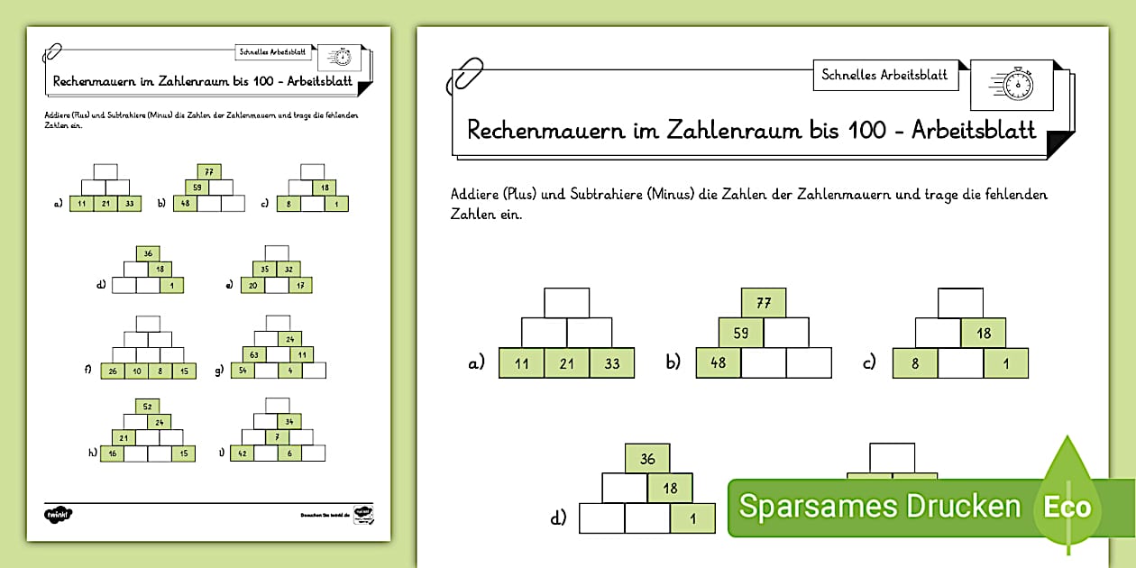 Rechenmauern Zahlenmauern bis 100 | Addition und Subtraktion bis 100