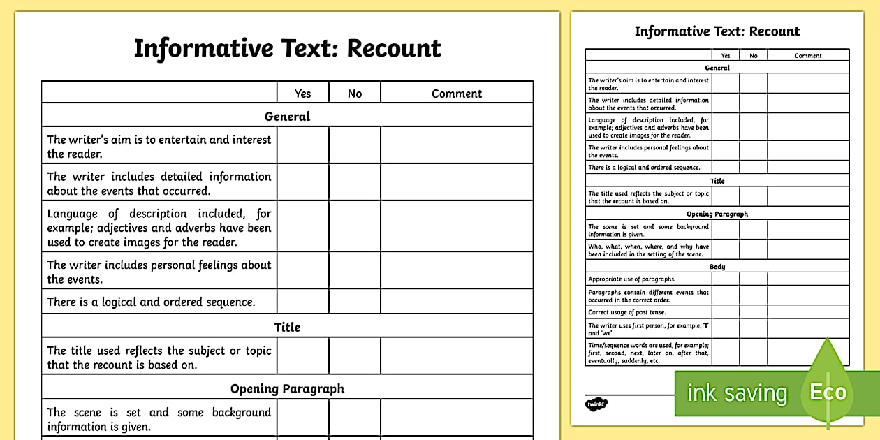 Informative Text: Recount Assessment Checklist - Twinkl