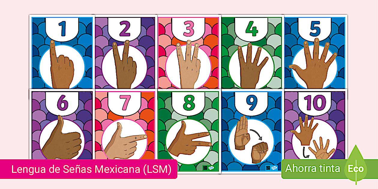 Carteles: Números del 1 al 10 en colores en LSM - Twinkl