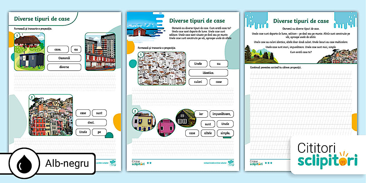 Diverse tipuri de case – Fișă de citire și scriere clasa I