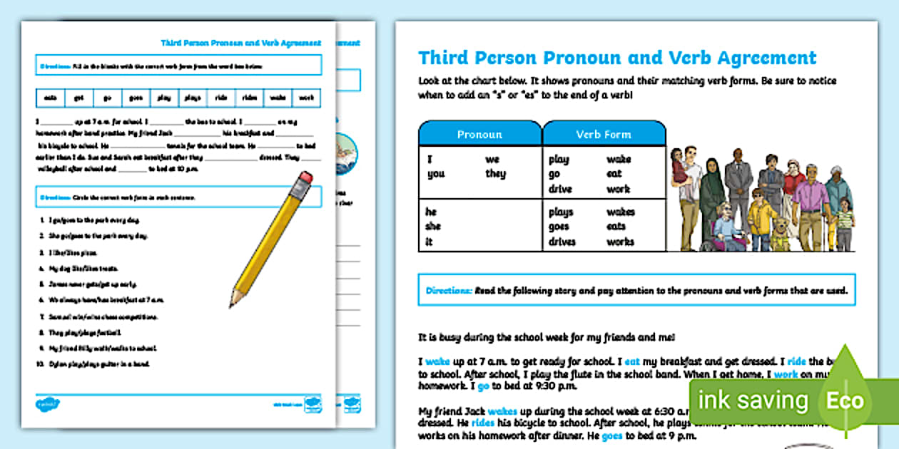 Third Person Pronoun and Verb Agreement Worksheet - Twinkl