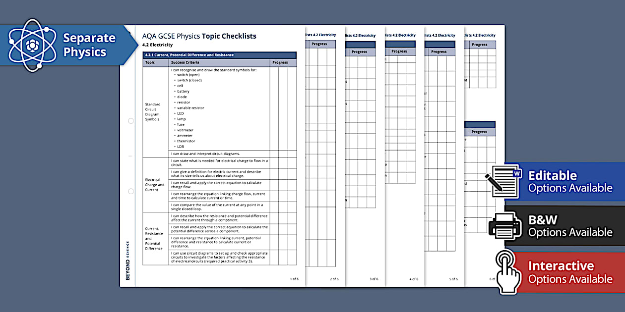 Editable AQA GCSE Physics Topic Checklists - 4.2 Electricity