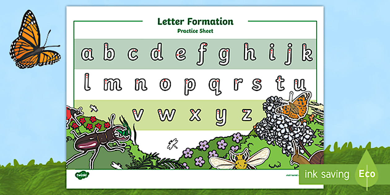 Minibeast Letter Formation Alphabet Handwriting Practice Sheet (Lower Case)