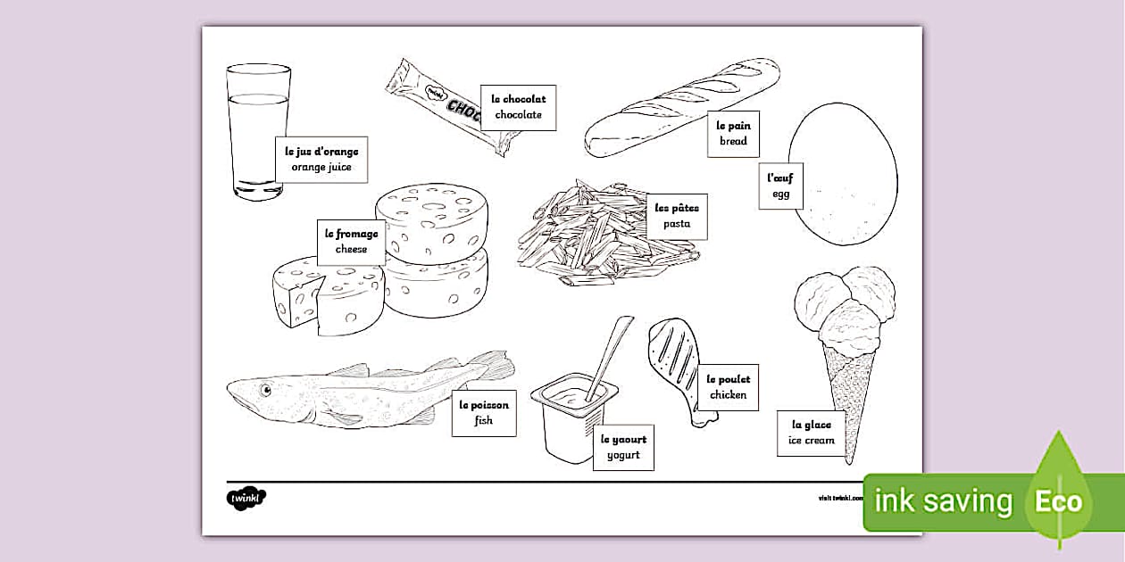 👉 French Foods Colouring Page, Food Words in French