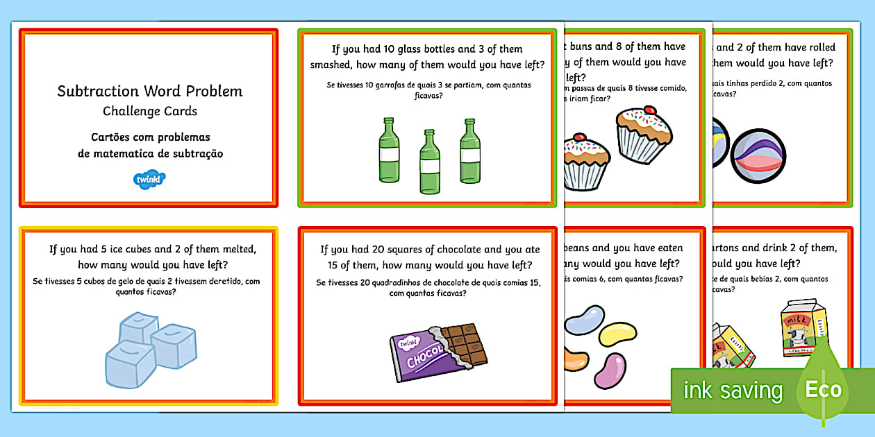 KS1 Subtraction Word Problem Challenge Cards English/Portuguese - KS1