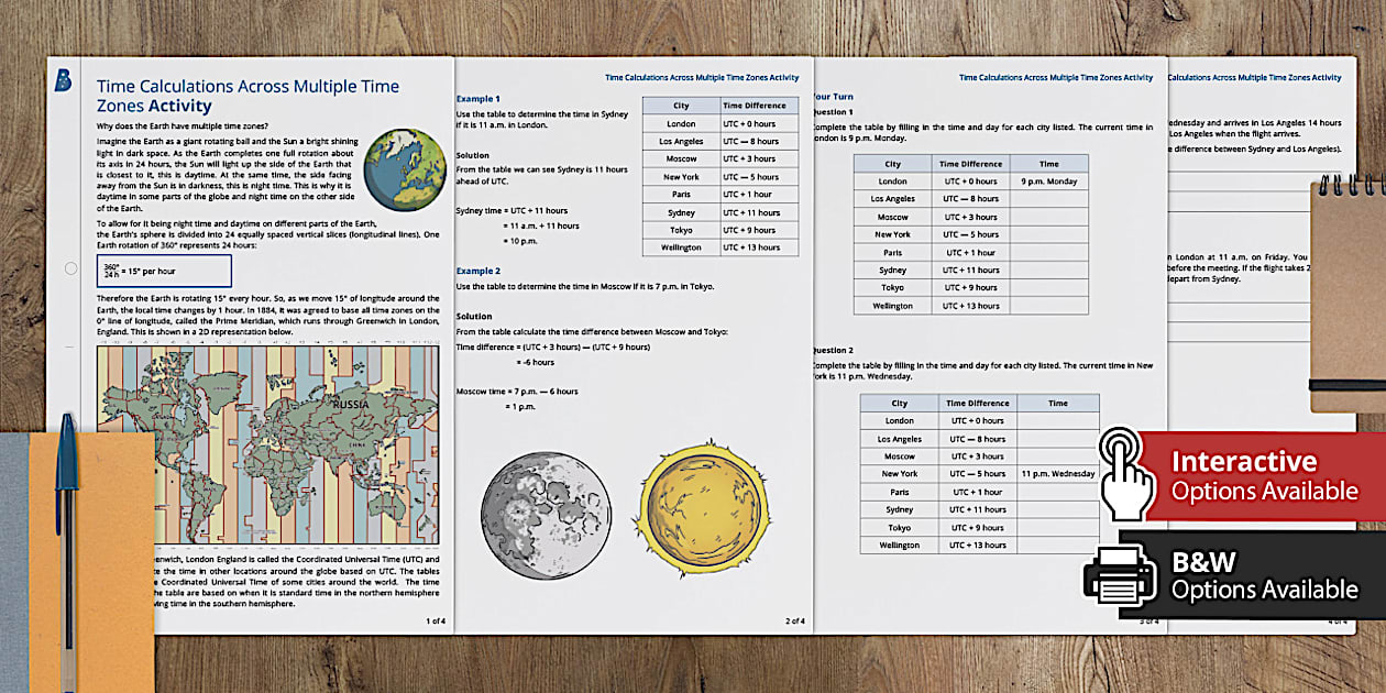 Time Calculations Across Multiple Time Zones Activity