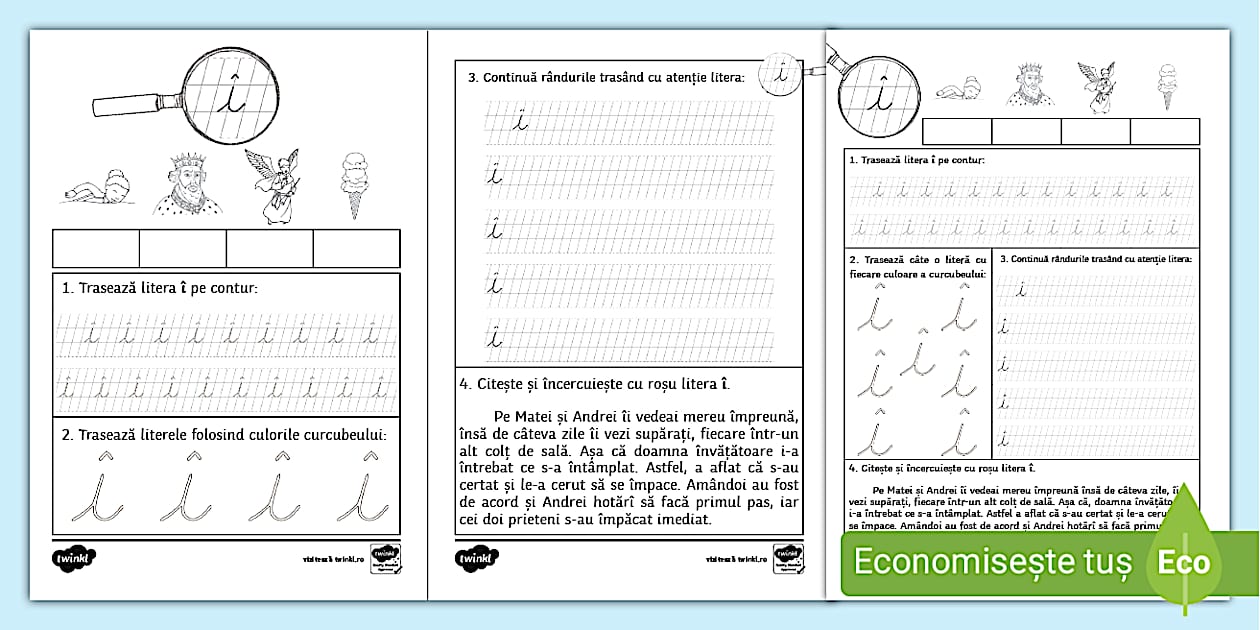 Trasarea literei „î” de mână - Fișă de activitate