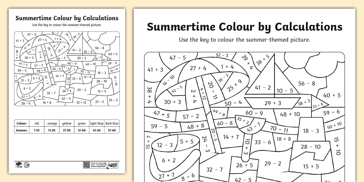 Summer-Themed Colour by Calculations Worksheet - Twinkl