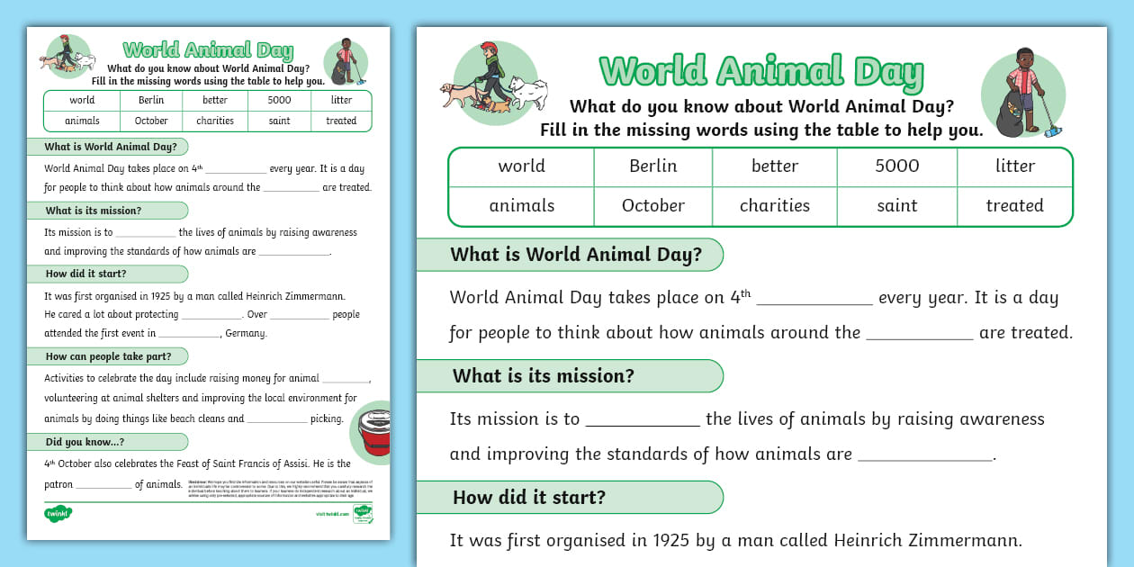 World Animal Day Cloze Worksheet - Twinkl - KS1 - Twinkl