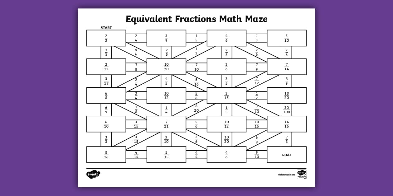 Fourth Grade Equivalent Fractions Math Maze Worksheet