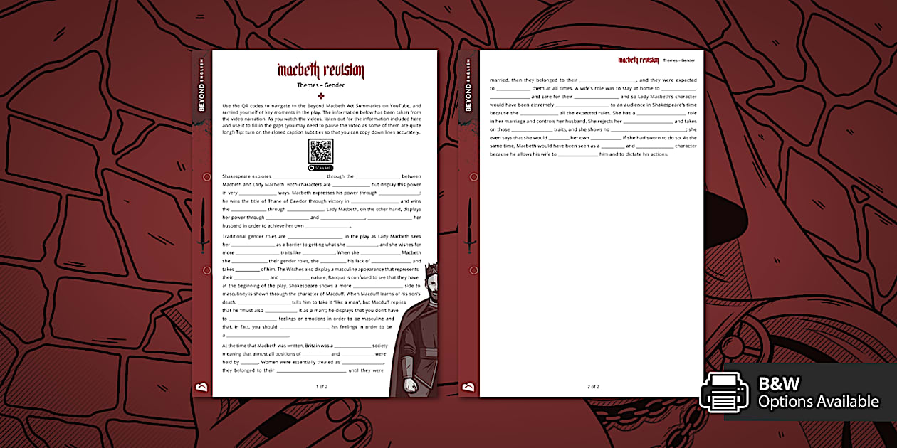 Macbeth: Themes - Gender Cloze Activity (Teacher-Made)