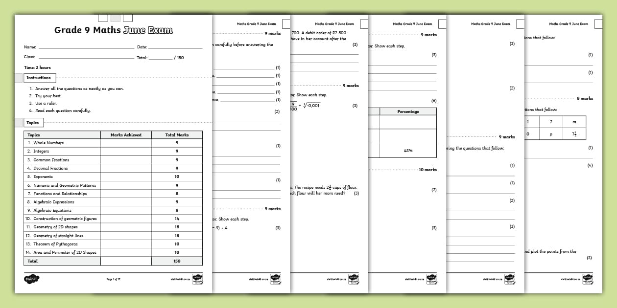 Grade 9 Maths June Exam - Twinkl