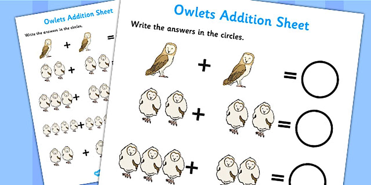 Black and White Owl Addition Sheet (teacher made) - Twinkl