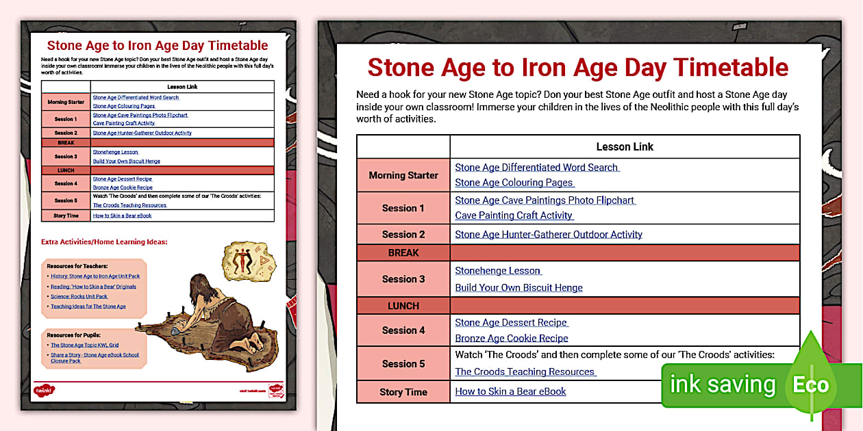 Stone Age Day Timetable - History Resource - KS2
