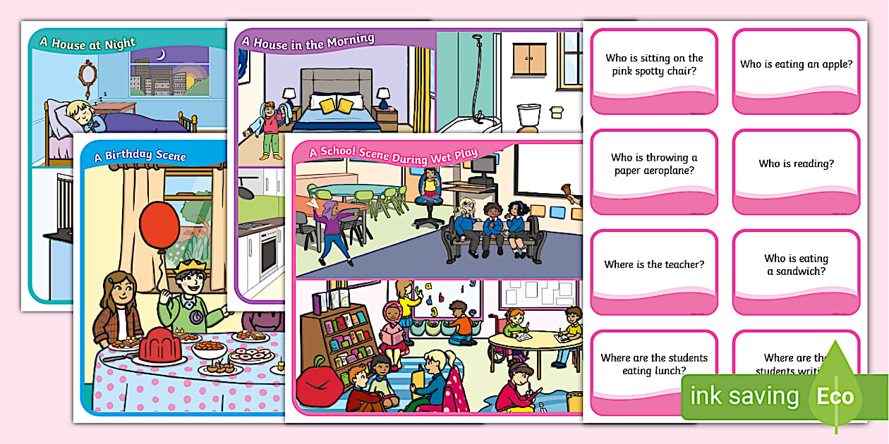 Picture Scenes and 'Wh' Question Cards (teacher made)