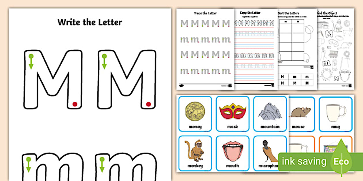 Black and White Letter M Worksheet and Activity Pack