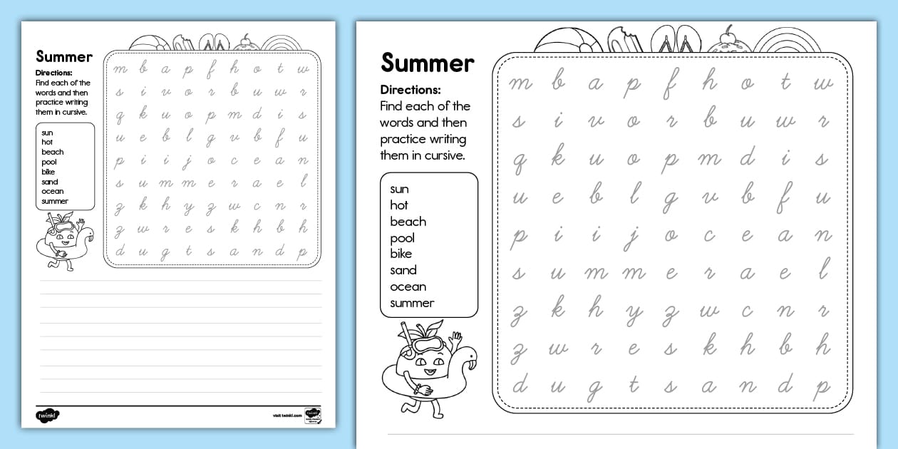Summer Cursive Word Search and Write Worksheet - Twinkl