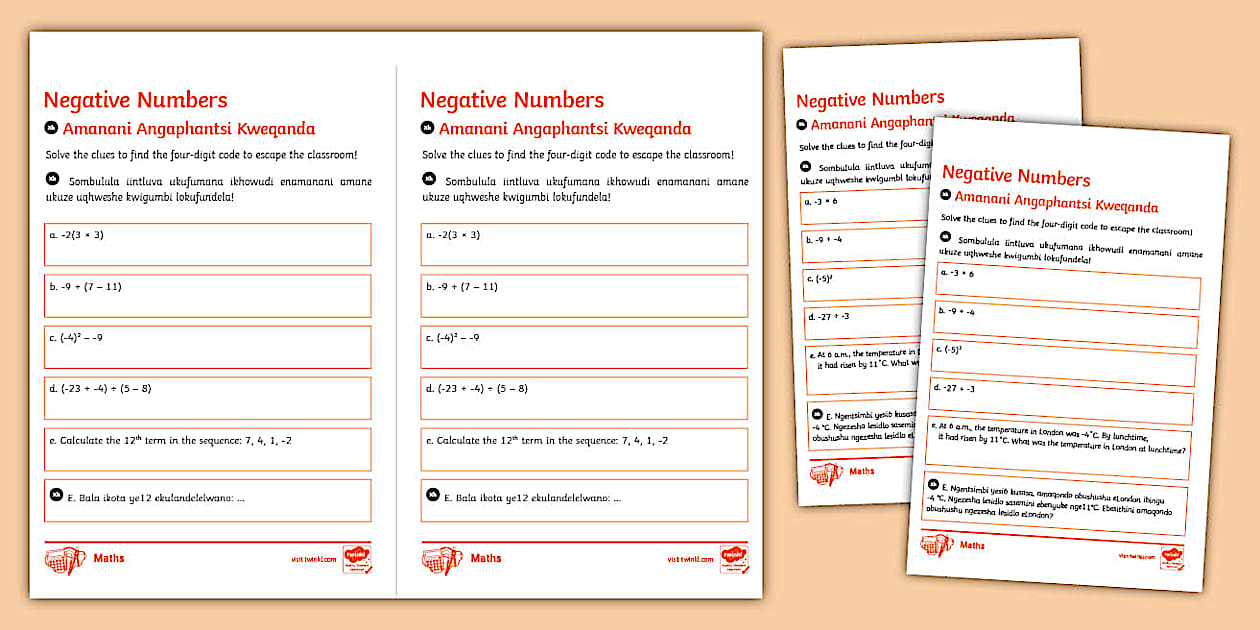 Grade 7 Maths Escape the Room: Negative Numbers IsiXhosa