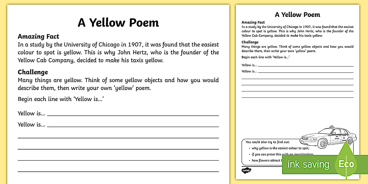 Editable A Yellow Poem Worksheet (professor feito) - Twinkl