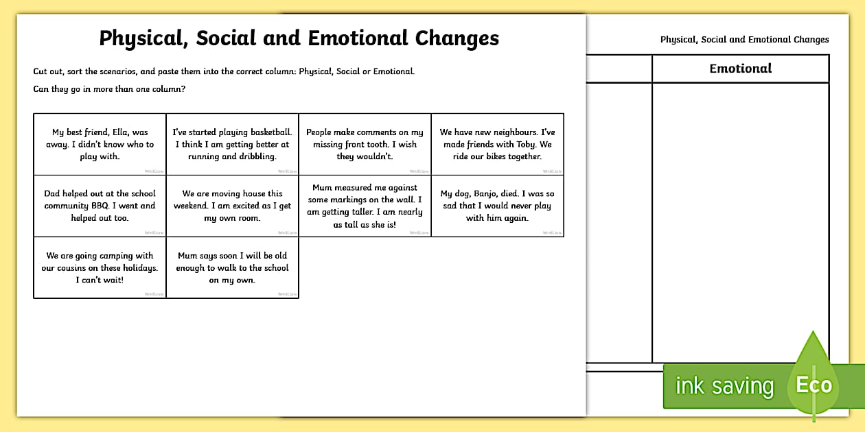 Physical, Social and Emotional Change Sorting Activity