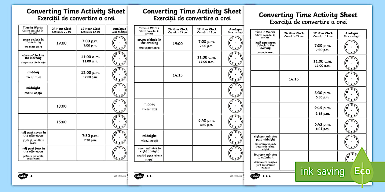 Converting Time Worksheet / Worksheets English/Romanian - Converting Time