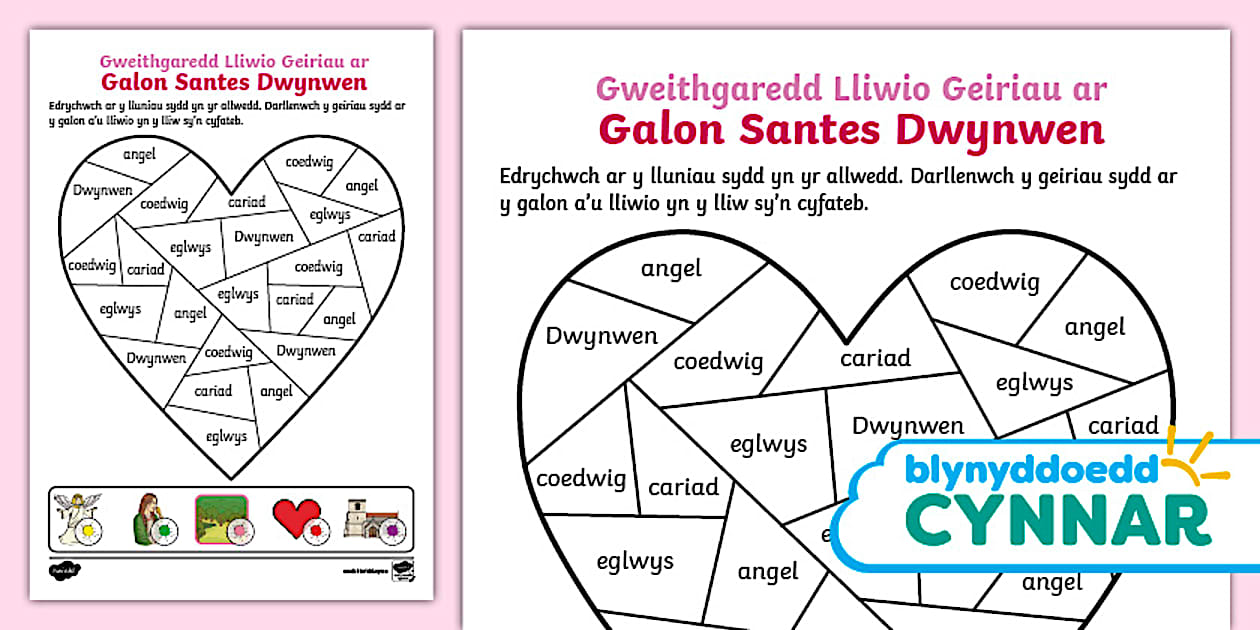 Gweithgaredd Lliwio Geiriau ar Galon Santes Dwynwen