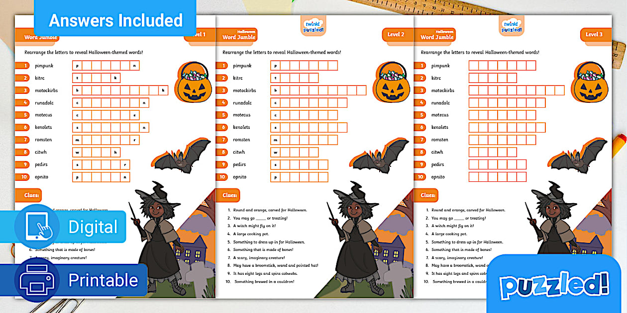 Fun Halloween Word Jumble Puzzle Pack - AL - Twinkl Puzzled