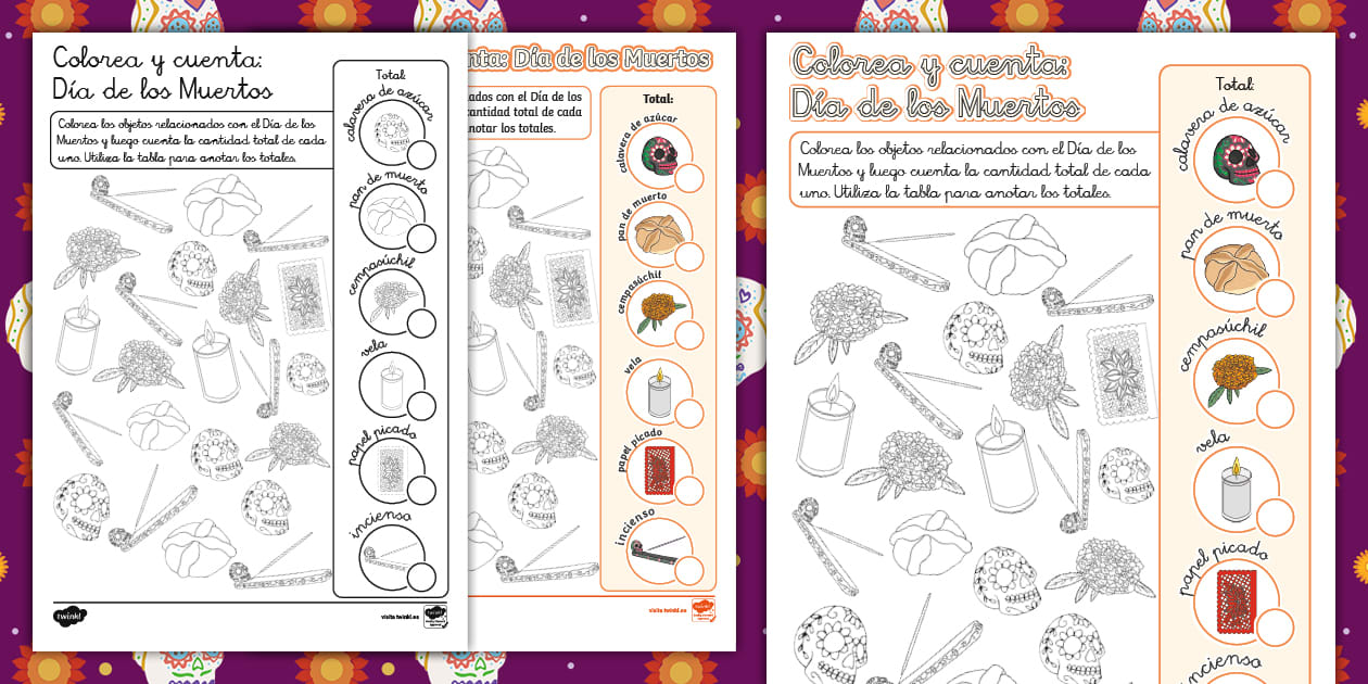 Ficha de actividad: Colorea y cuenta - Día de los Muertos