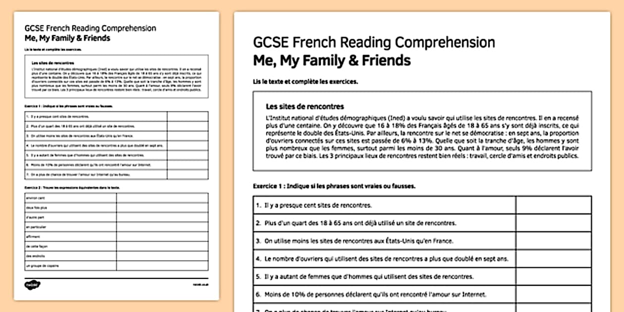 Les Sites de Rencontres Reading Comprehension Worksheet / Worksheet ...