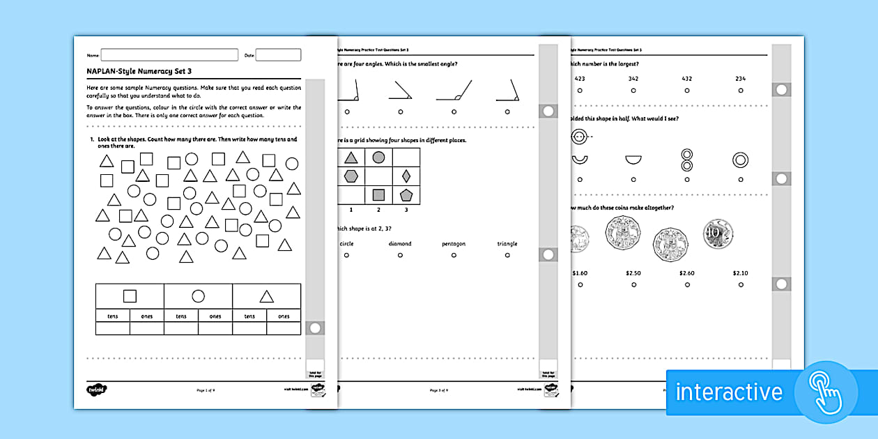 Year 3 NAPLAN-Style Interactive PDF Numeracy Tests - Set 3