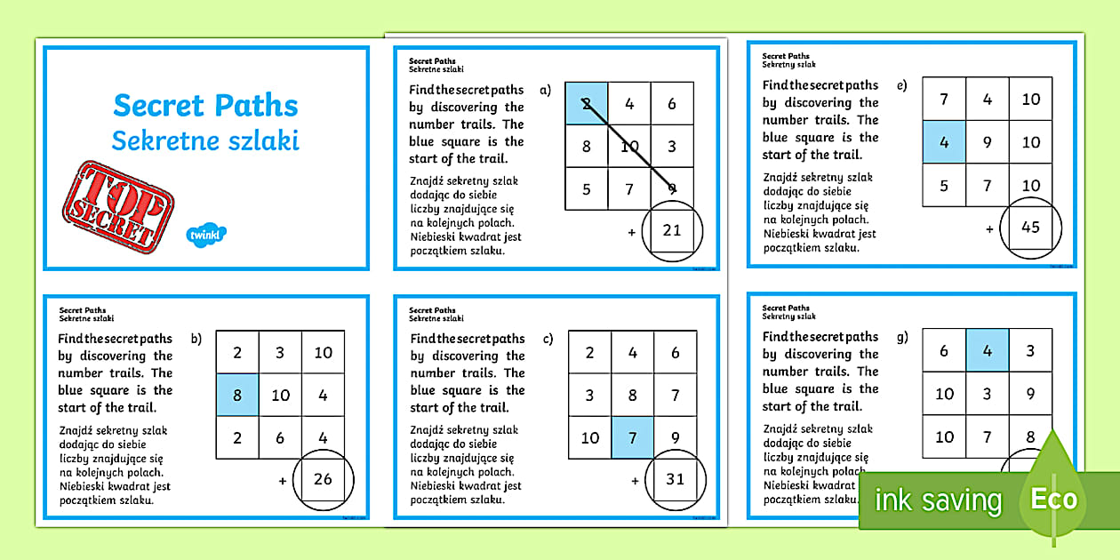 Secret Addition Number Paths Challenge Cards English/Polish