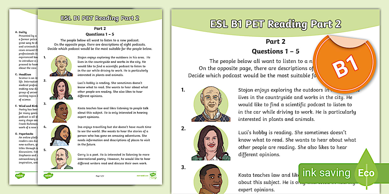 ESL B1 PET Reading Part 2 (Podcasts) (teacher made) - Twinkl