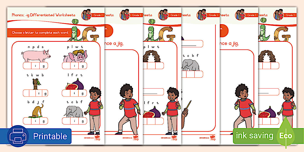 Grade 1 Phonics: -ig Differentiated Worksheets - Twinkl