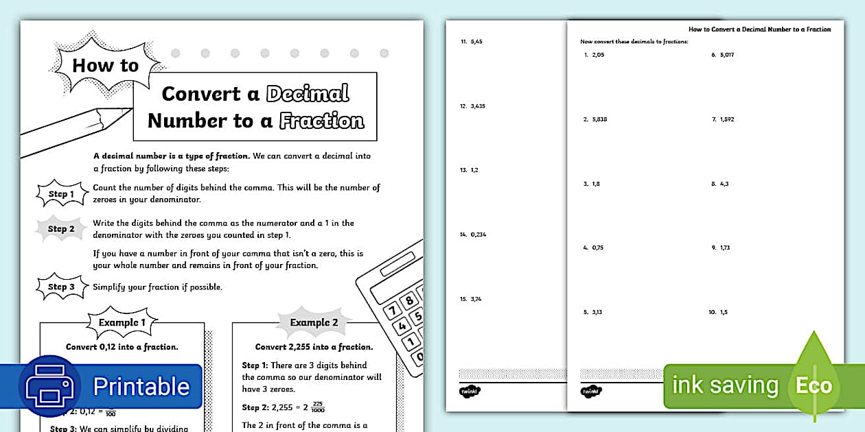 How to Convert a Decimal Number to a Fraction: Activity Sheet and Examples