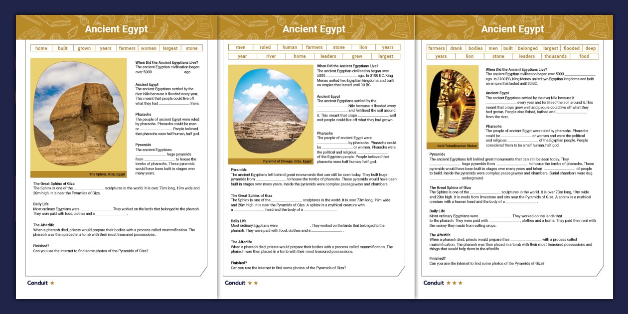 Reinforcing Reading: Ancient Egypt Cloze Passages - Twinkl
