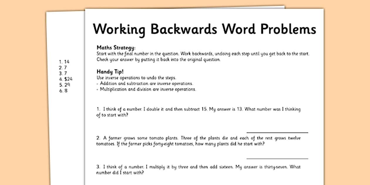 Grade 5 Working Backwards Maths Word Problems (teacher made)