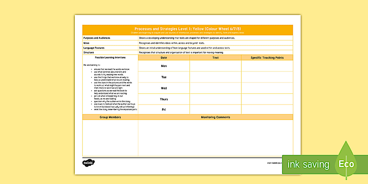 New Zealand Yellow Weekly Reading Plan (teacher made)