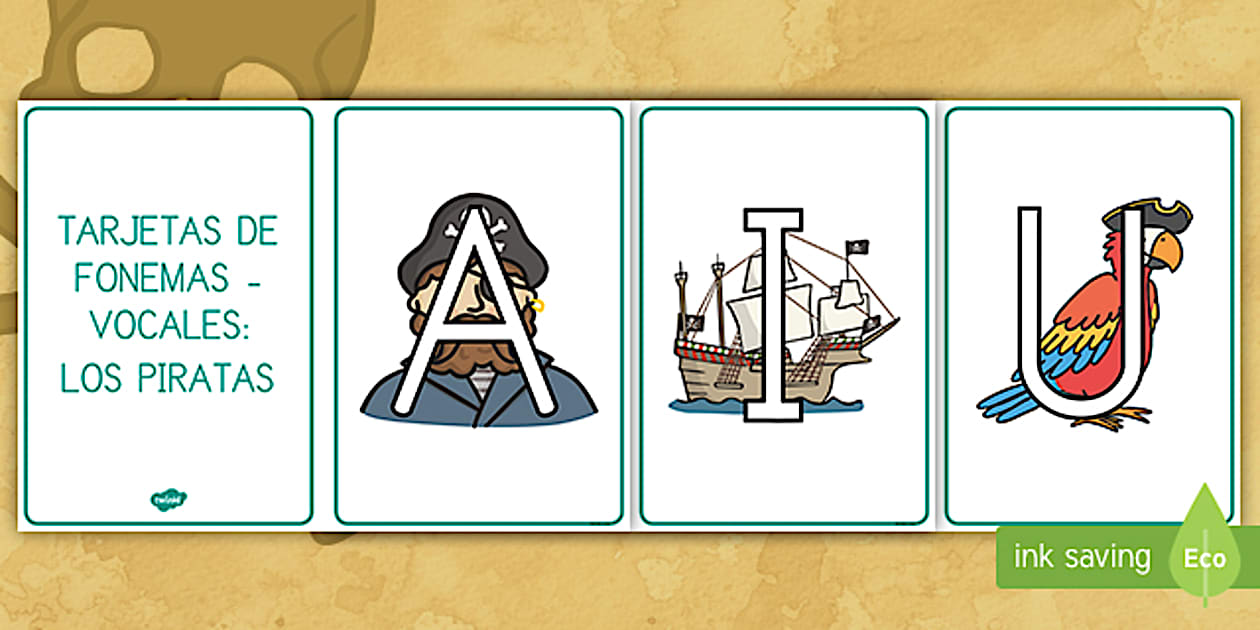 Tarjetas de fonemas - vocales: Los piratas - Twinkl