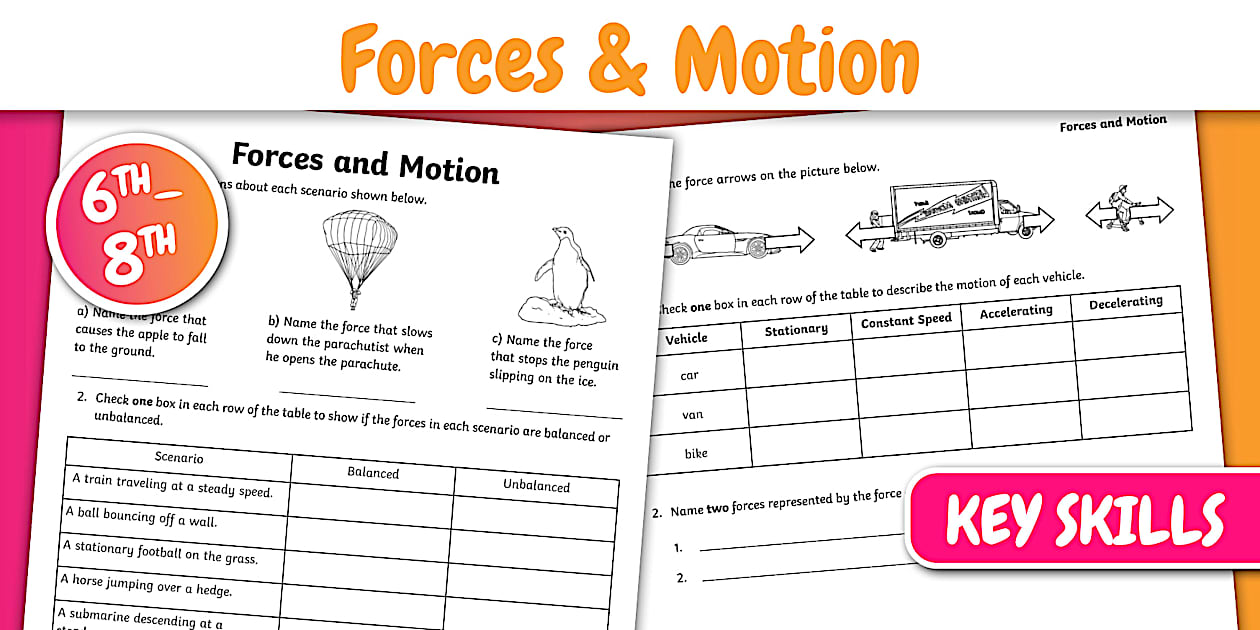 Forces and Motion Homework Worksheet for 6th-8th Grade