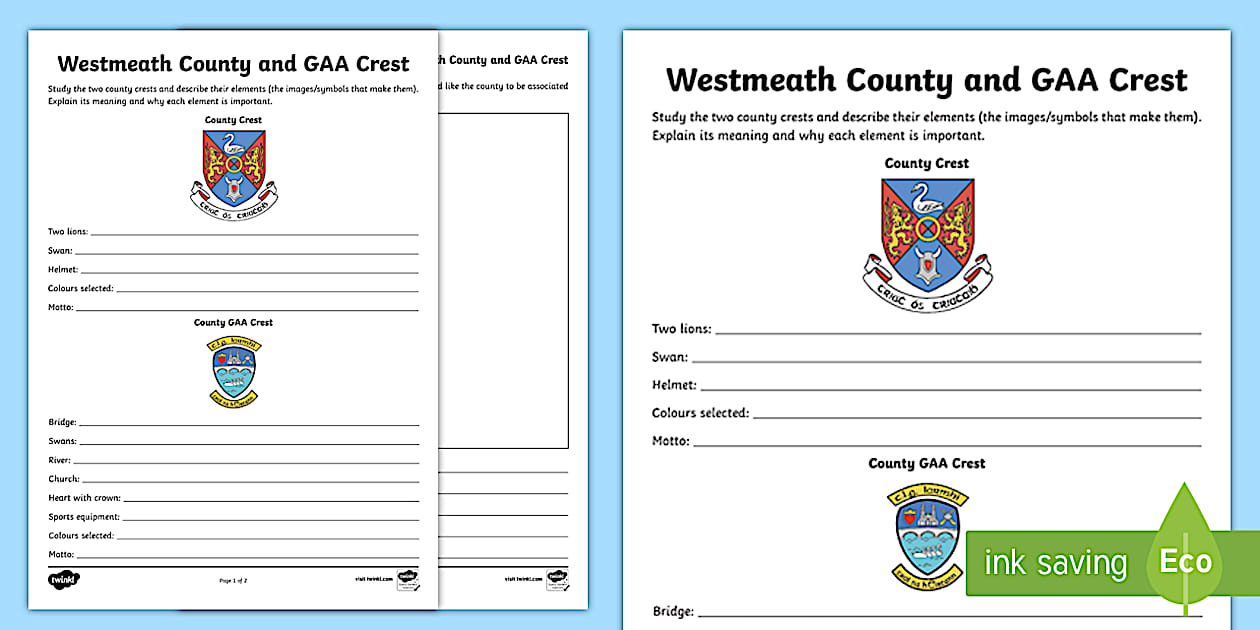 Westmeath County and GAA Crest Worksheet / Worksheet