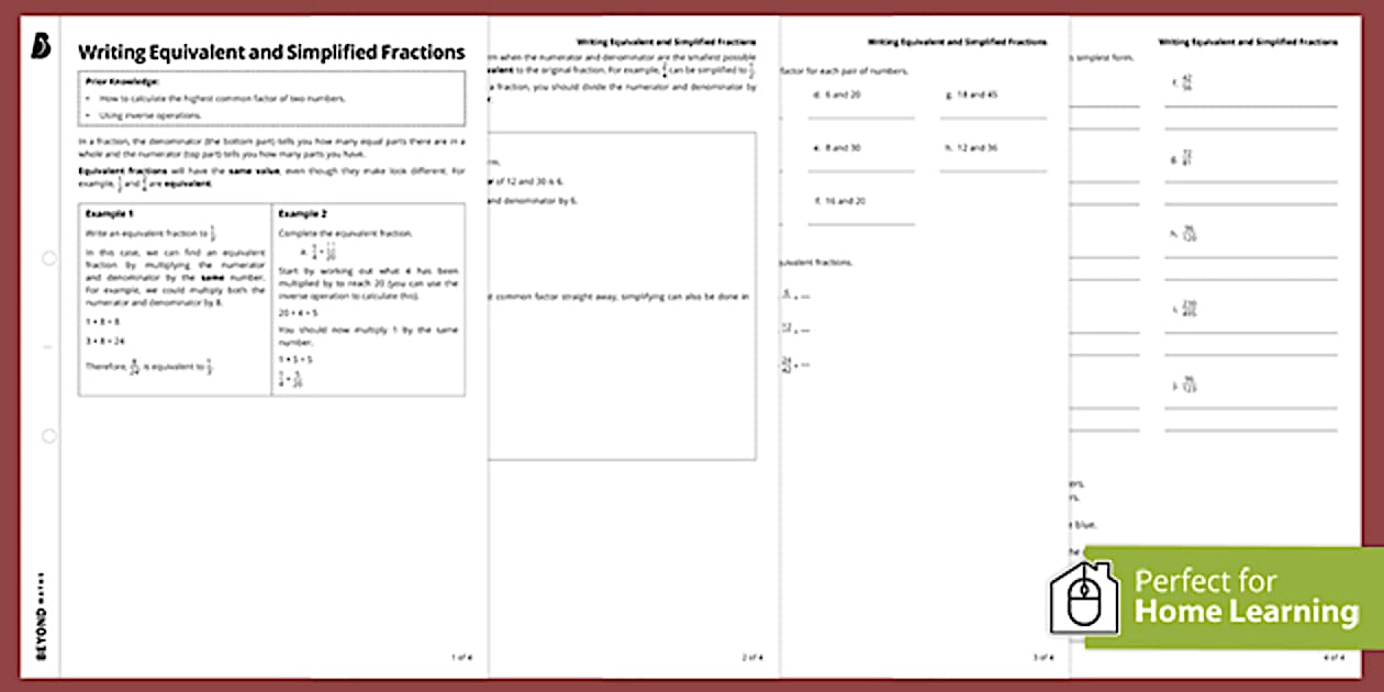👉 Writing Equivalent and Simplified Fractions Worksheet | Beyond