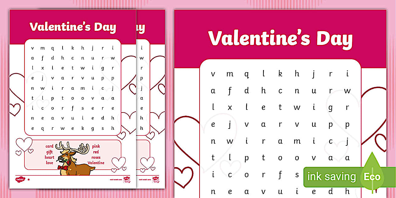 Valentine's Day Differentiated Heart Word Search - Twinkl