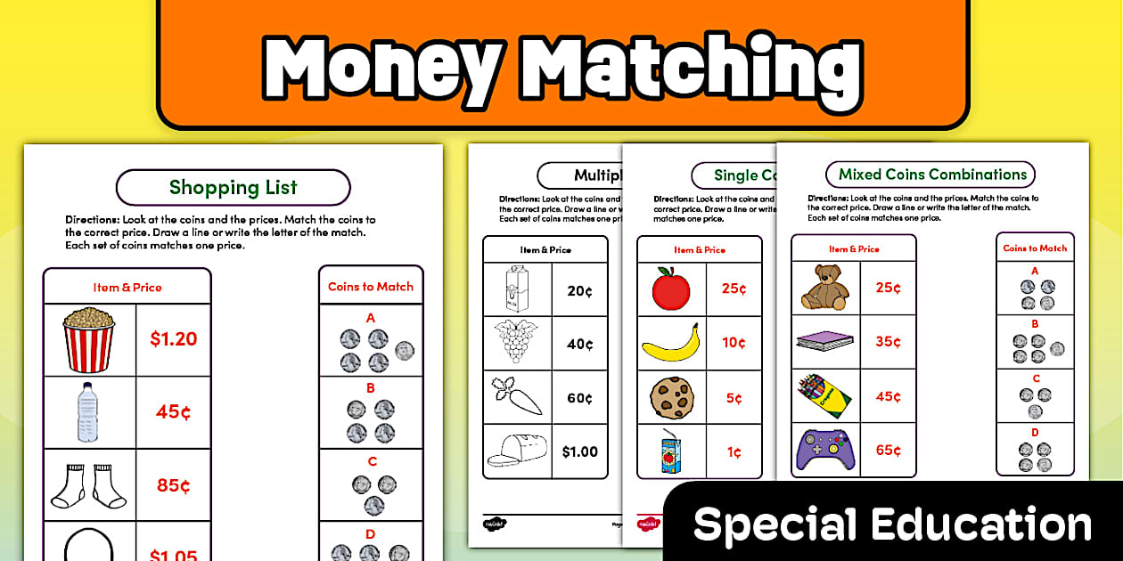 Money Matching Worksheet for Special Education