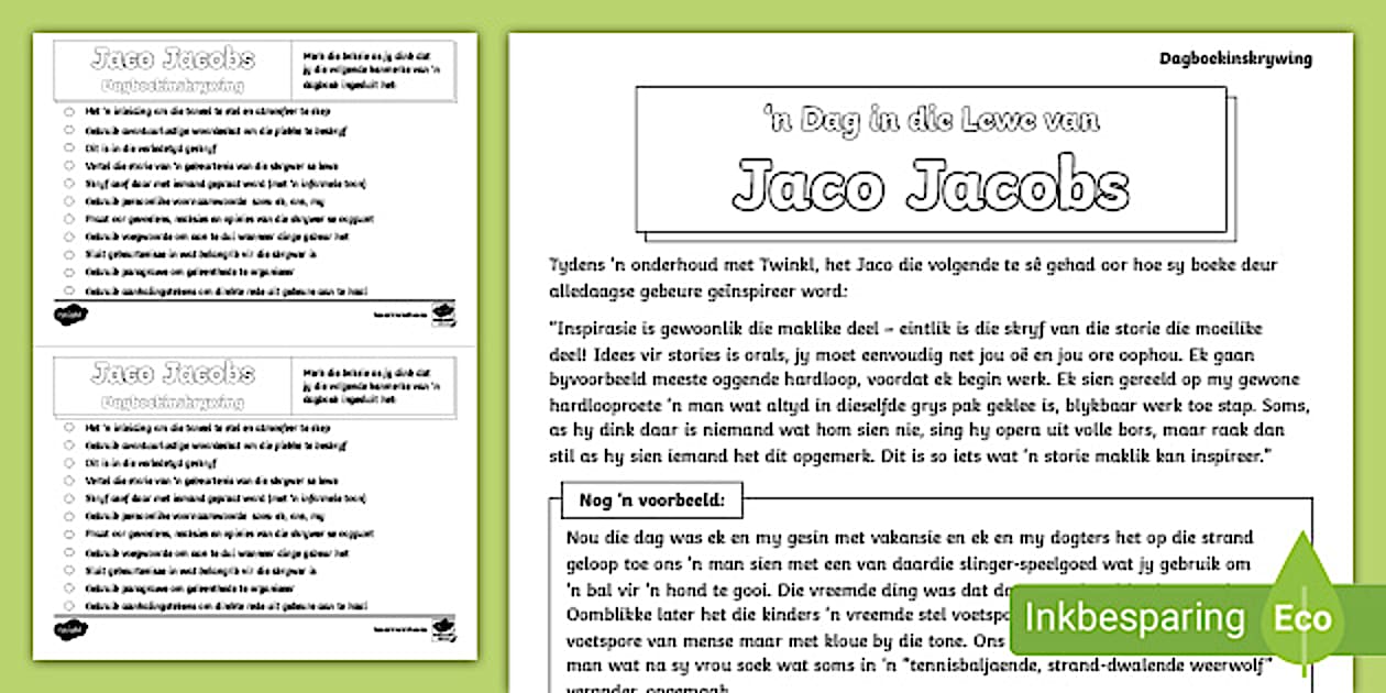 FREE! - Jaco Jacobs Dagboek Inskrywing Formaat Aktiwiteit