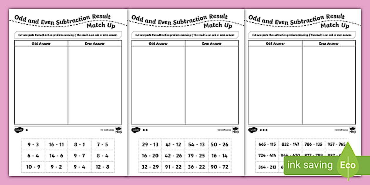 Odd and Even Subtraction Result Match Up-Cut and Paste
