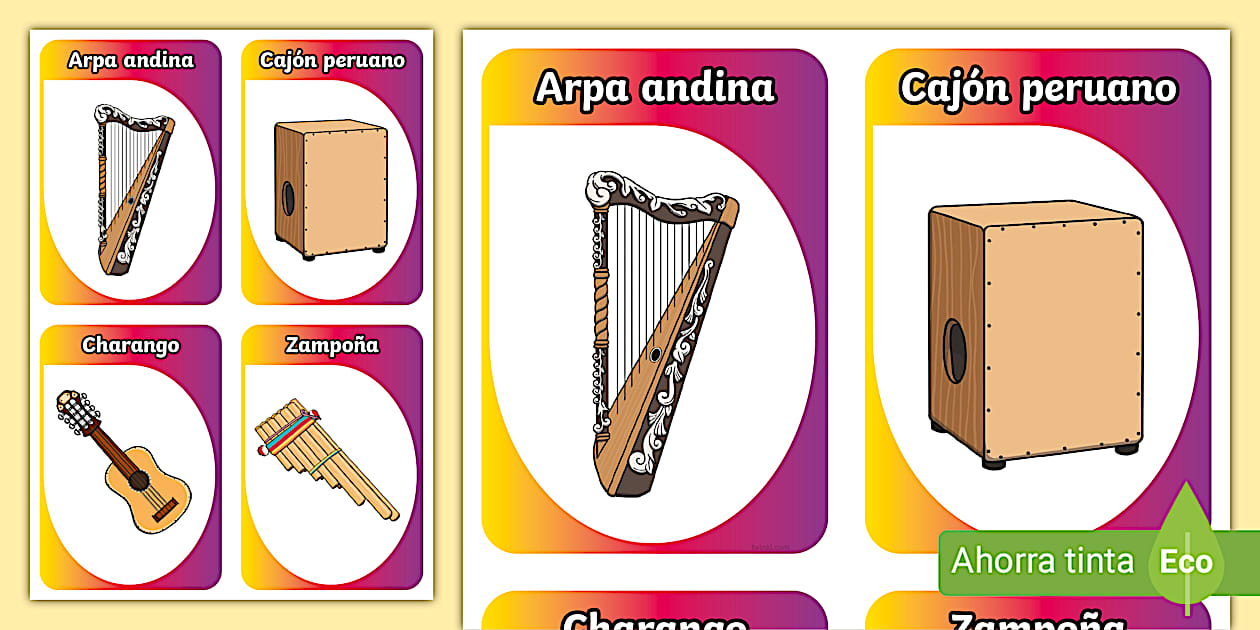 Tarjetas para mostrar: Instrumentos musicales peruanos- Guía de trabajo