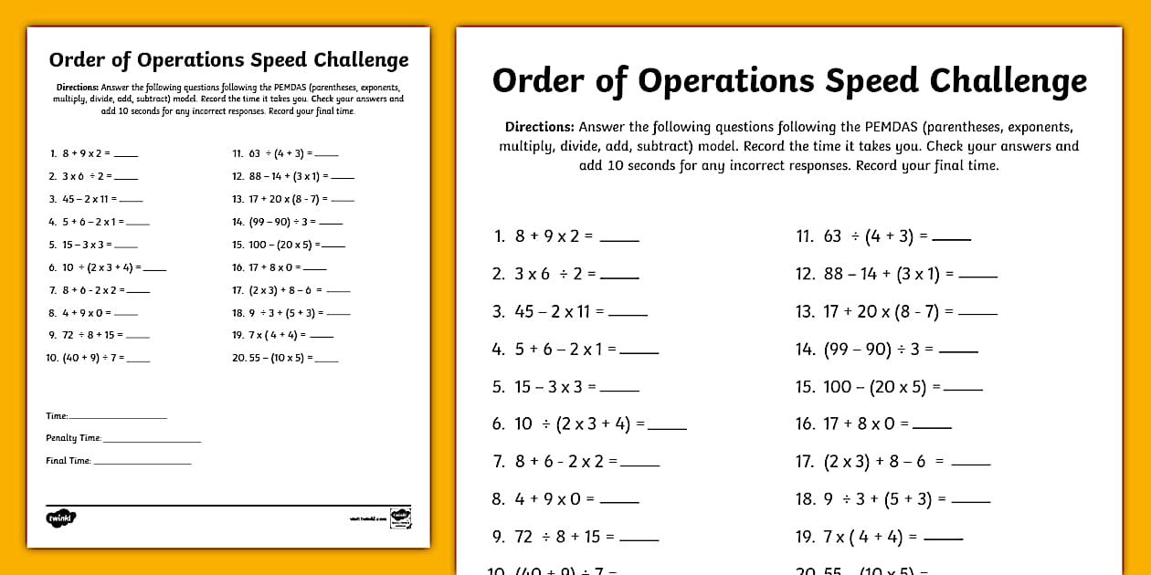 Order of Operations Speed Solving Worksheet for 3rd-5th Grade