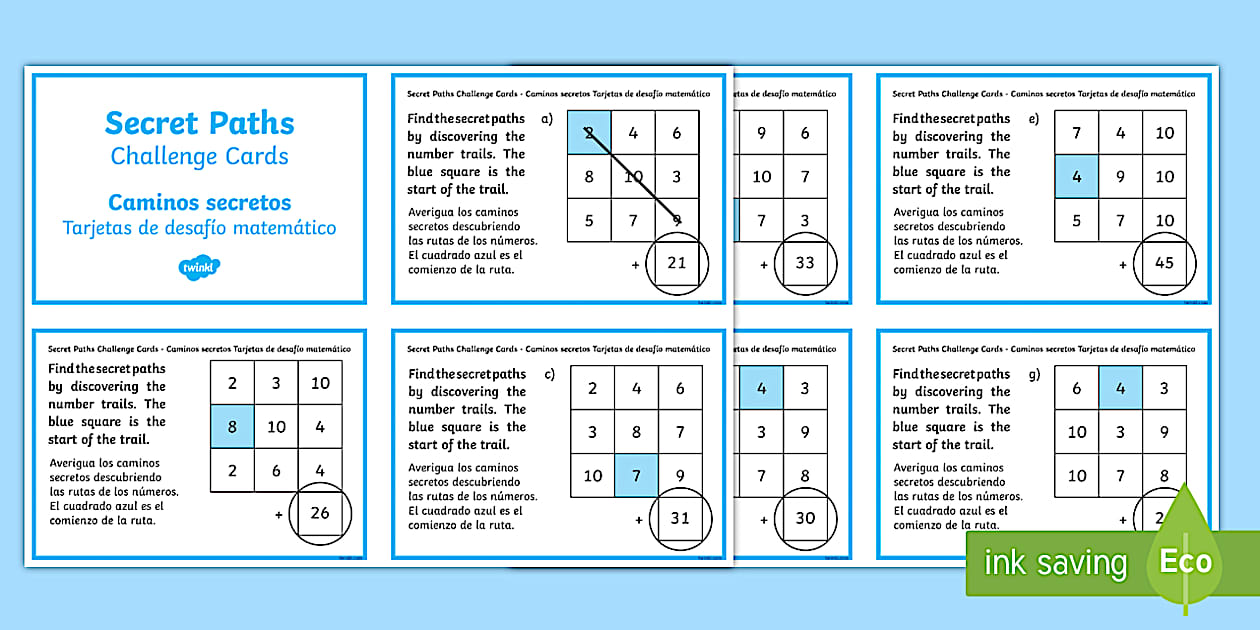 Secret Addition Number Paths Challenge Cards English/Spanish - EAL, Secret